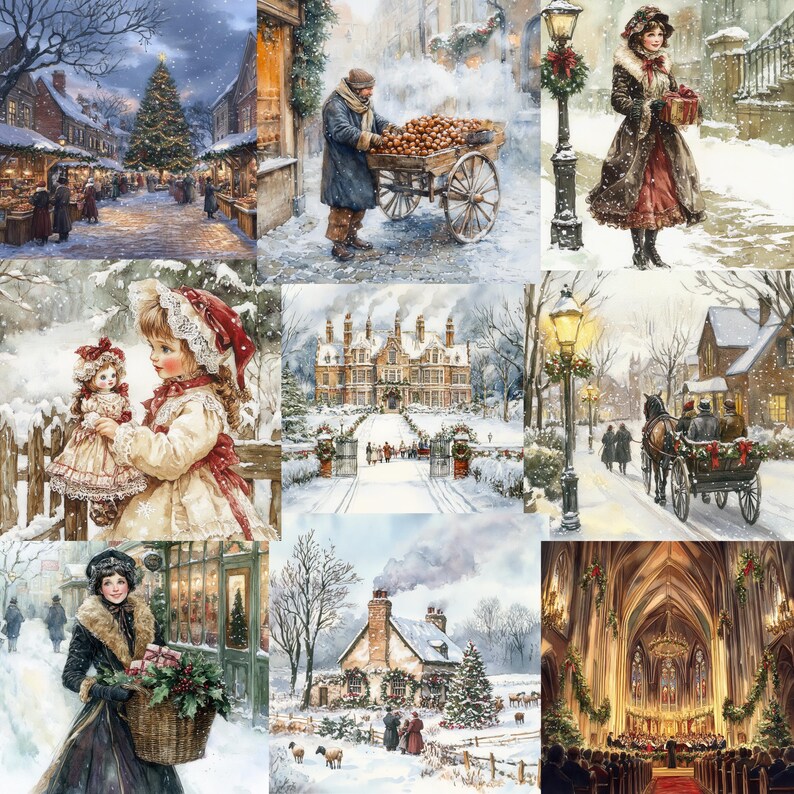 Victorian Christmas Time Clipart, Vintage Christmas Scene, Classic ...