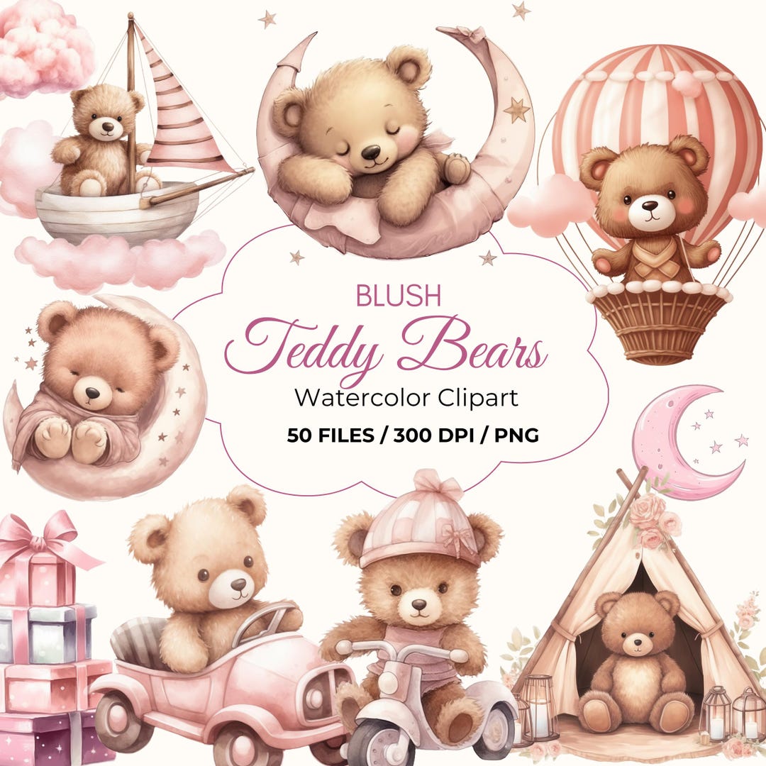 Watercolor Pink Teddy Bear Clipart, Pink Sleepy Teddy Bear, Girl Baby ...