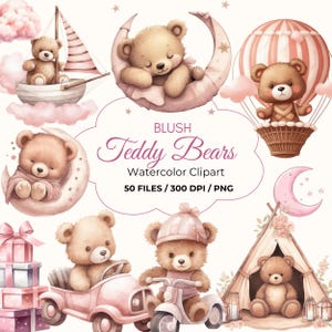 Watercolor Pink Teddy Bear Clipart, Pink Sleepy Teddy Bear, Girl Baby ...