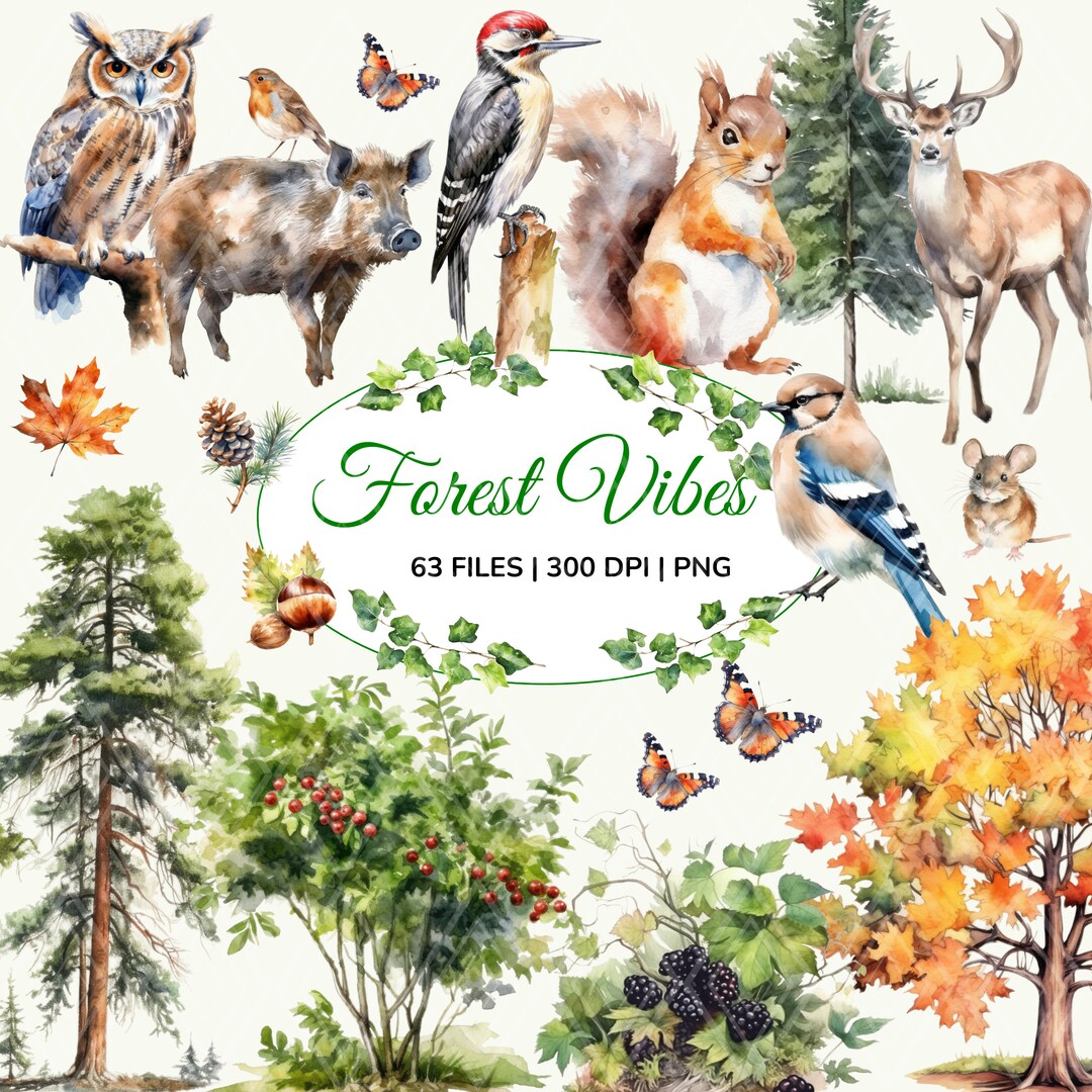 Watercolor Forest Clipart, Fall Clipart, Enchanting Forest, Forest Tree ...