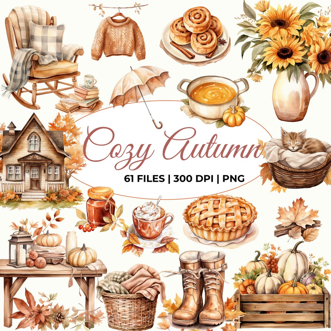 Watercolor Autumn Clipart Bundle, Cozy Fall Clipart, Warm Autumn PNG ...