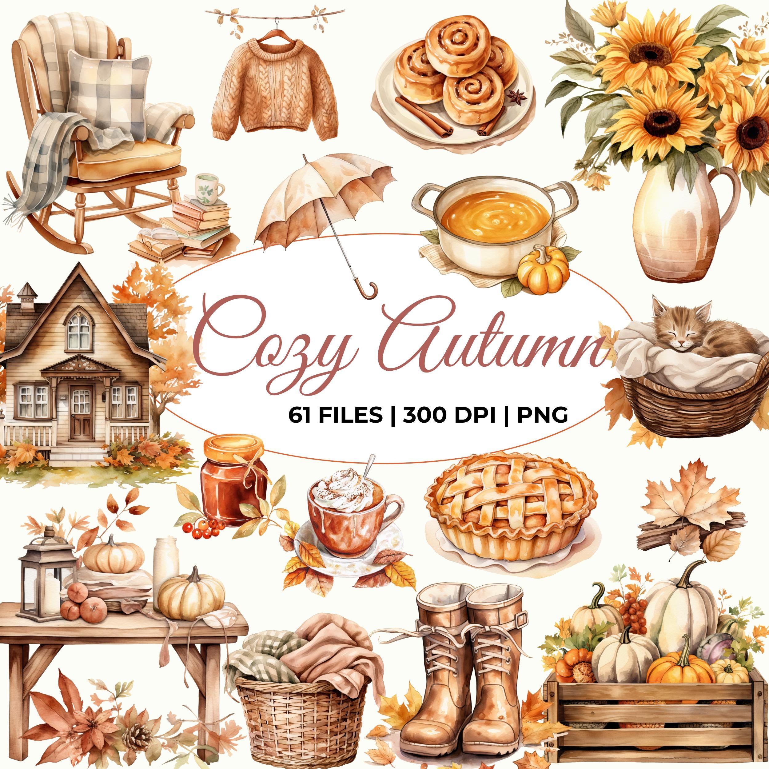 Watercolor Autumn Clipart Bundle, Cozy Fall Clipart, Warm Autumn PNG ...