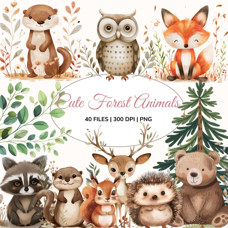 Forest Animals Clipart, Cute Woodland Animals, Nursery Decor, Woodland ...