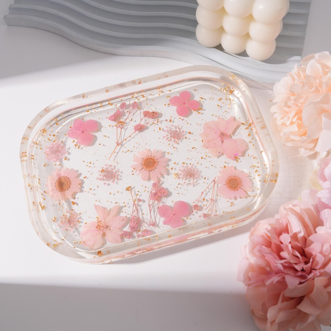 Natural Flowers Resin Tray W/foil,pink/white Flowers,table Decor ...
