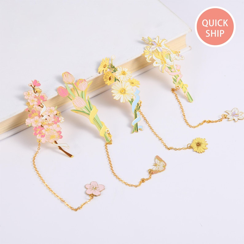 Tulip/daisy/cherry Blossom/lily Metal Chain Bookmark,flower Bookmark ...
