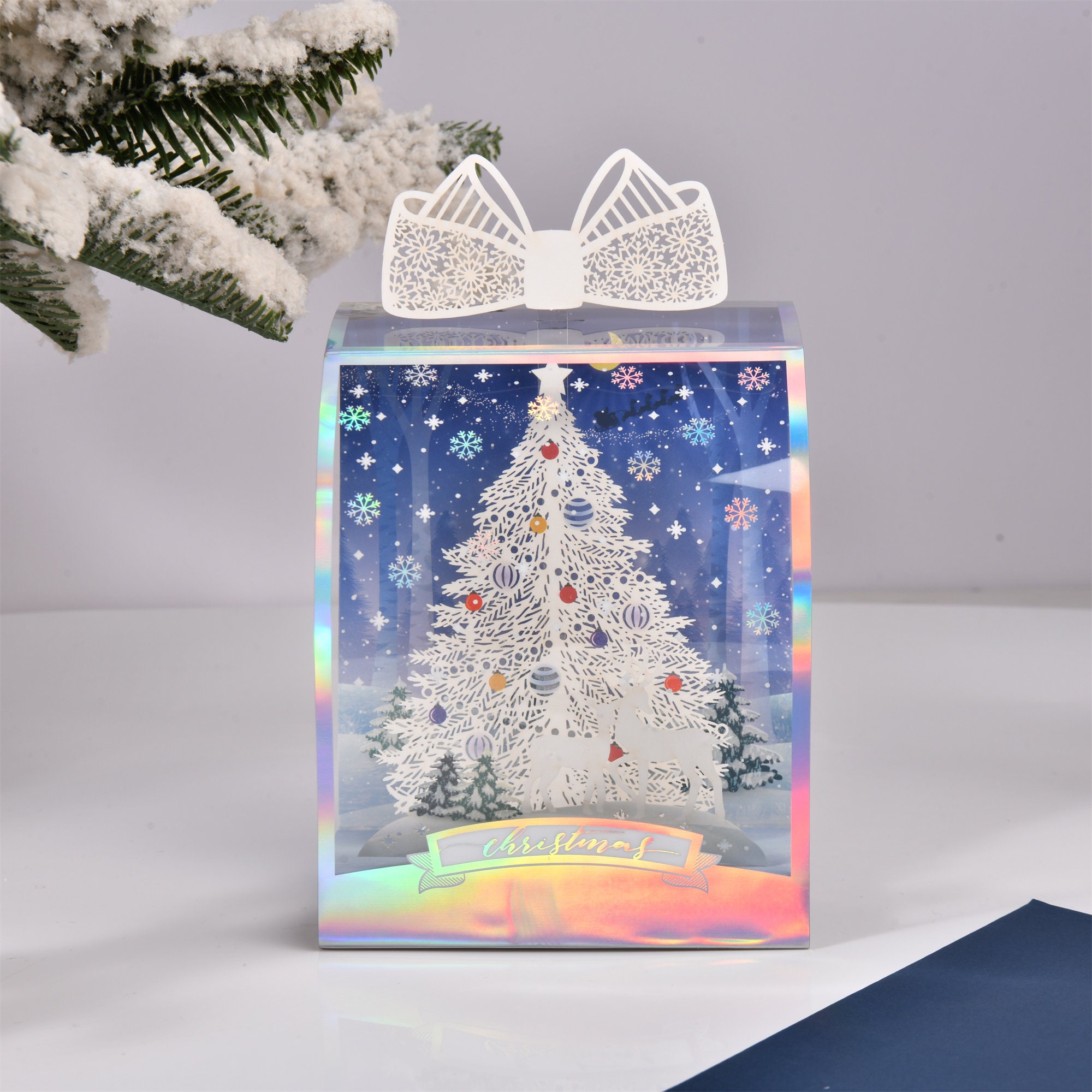 3D White Christmas Tree Box Card,snowflake Cards,bow,christmas Window ...