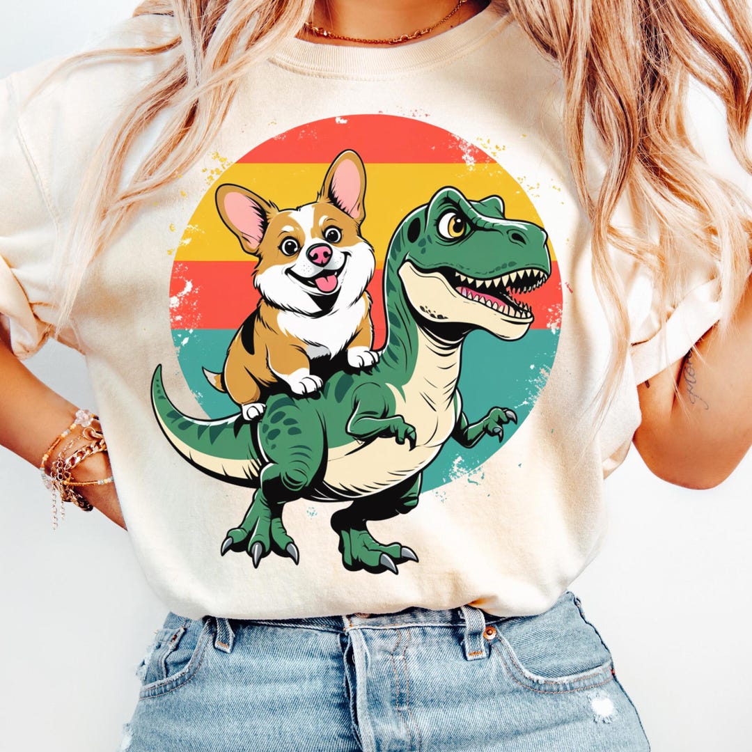 Corgi T-rex PNG, Dinosaur PNG, Retro Sunset Tee, Mens Shirt, Corgi Mom ...