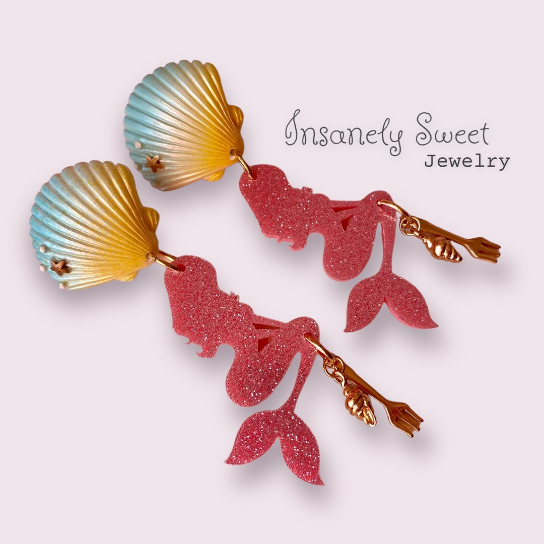 Little Mermaid Fork and Seashell Earrings - Etsy