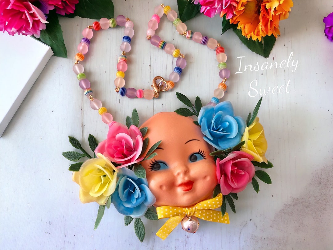 Vintage Kitschy Baby Face Necklace Plastic Flowers Altered Art Creepy ...