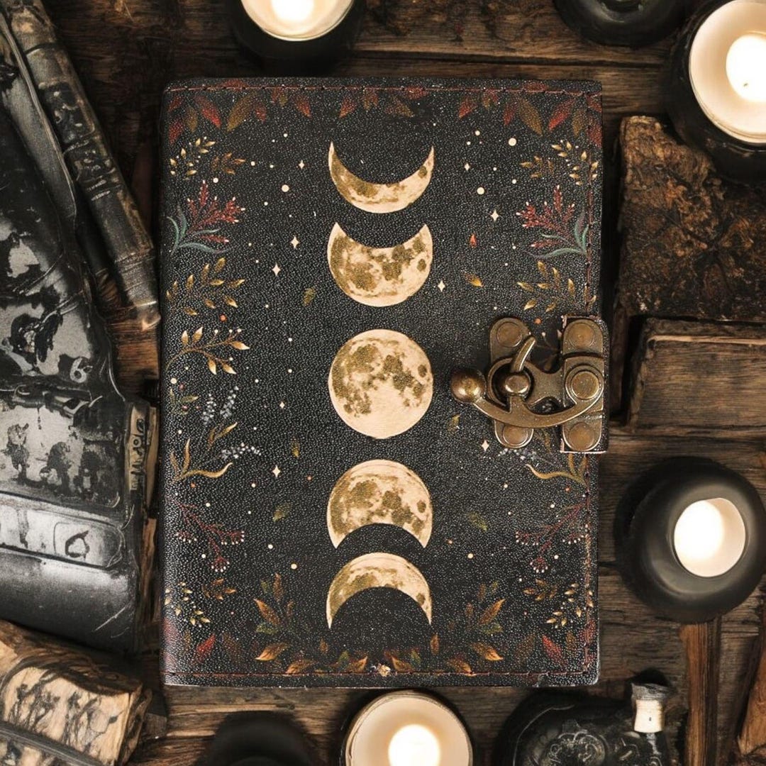 Grimoire Vintage Leather Journal, Moon Phase Handmade Fat Journal ...