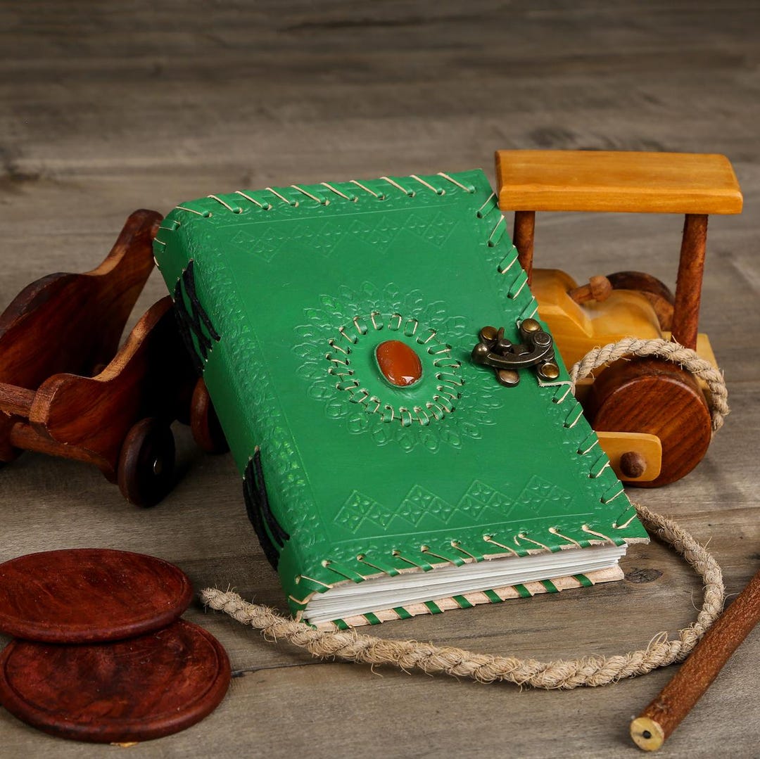 Green Leather Journal With Inlaid Semi-precious Stone Containing Plain ...