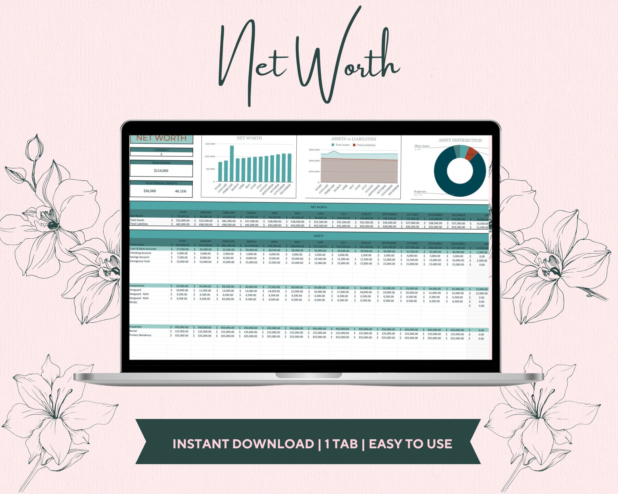 Net Worth Tracker Spreadsheet Template for Google Sheets, Net Worth ...