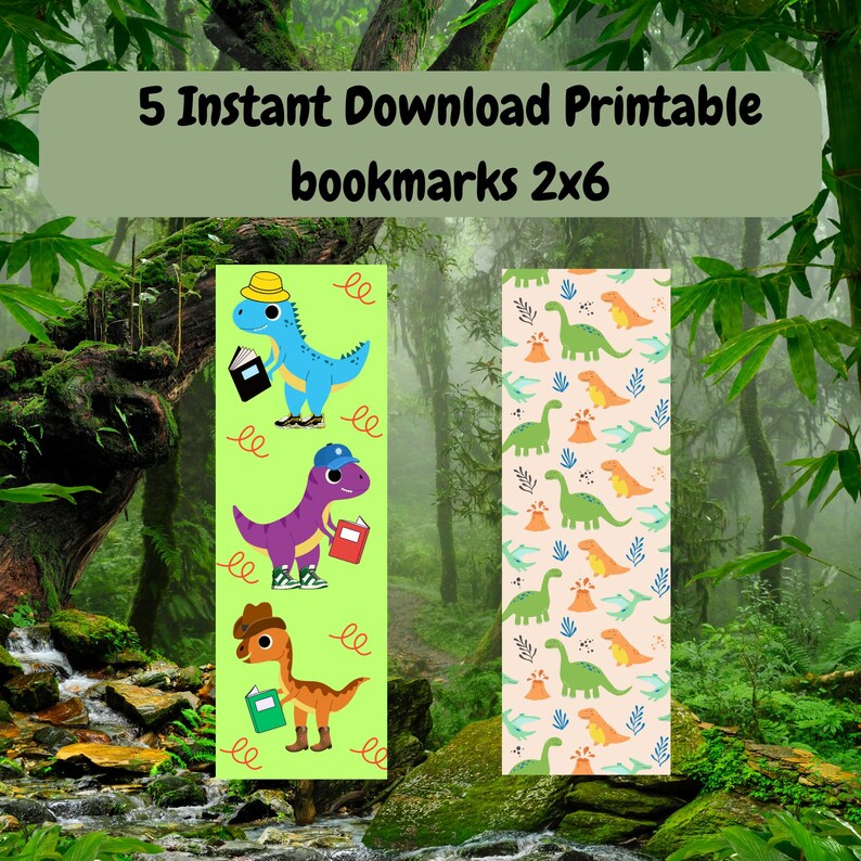 Set of 5 Printable Dinosaur Bookmarks | Cartoon Dino Digital Download ...