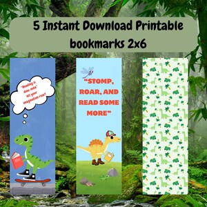 Set of 5 Printable Dinosaur Bookmarks | Cartoon Dino Digital Download ...