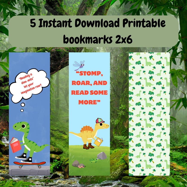 Set of 5 Printable Dinosaur Bookmarks | Cartoon Dino Digital Download ...