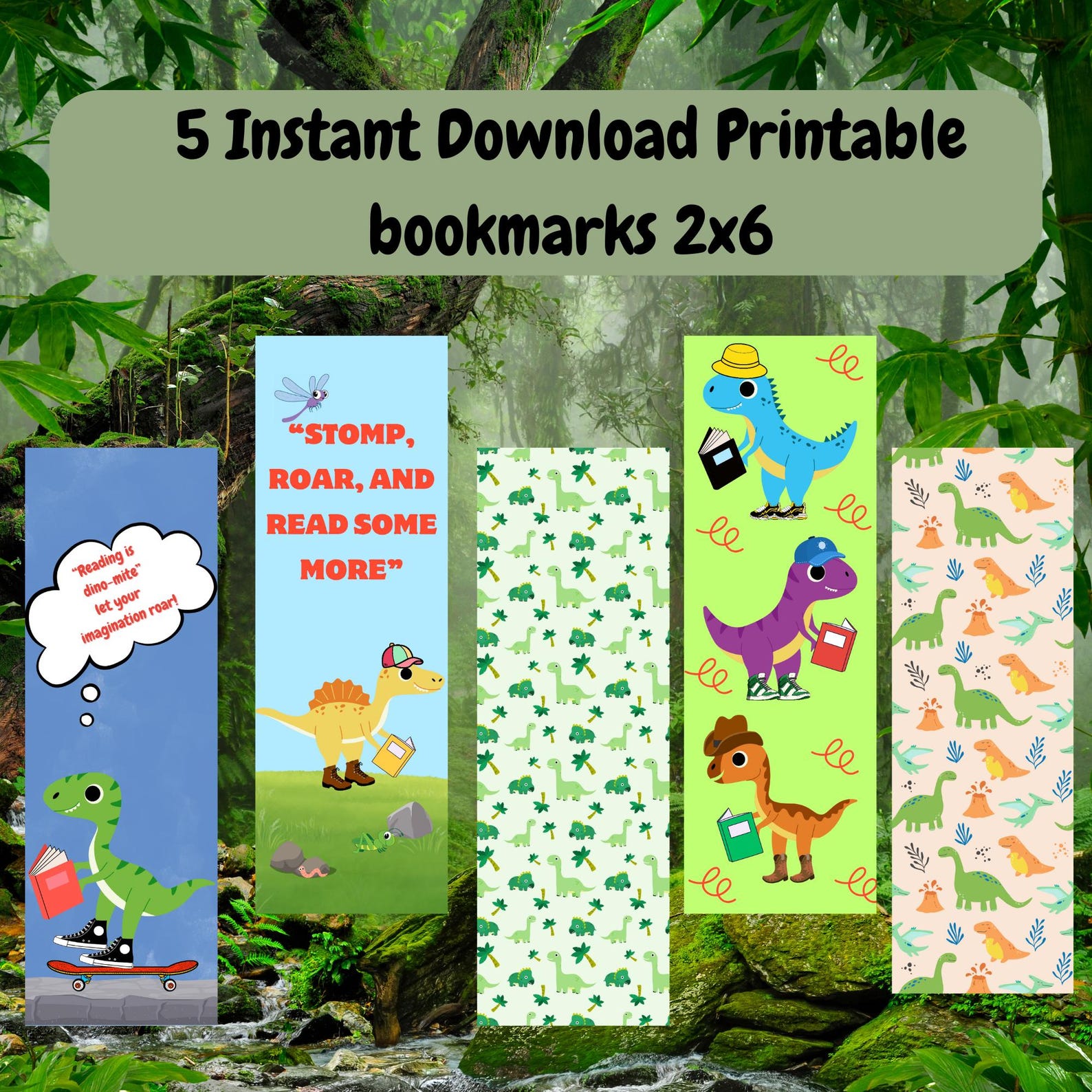 Set of 5 Printable Dinosaur Bookmarks | Cartoon Dino Digital Download ...