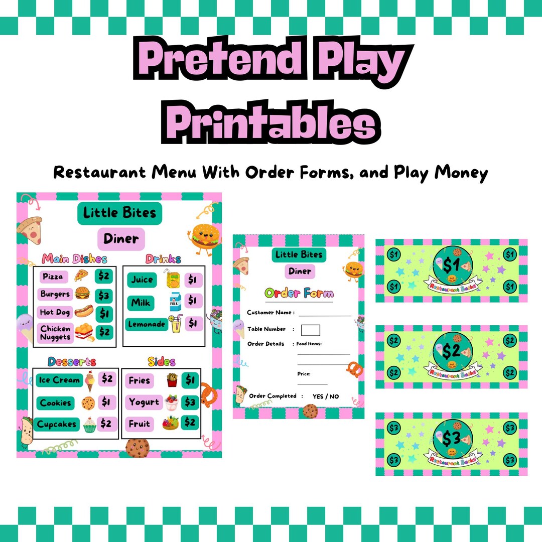 Printable Pretend Play Menu, Pretend Restaurant Menus, Kids Play Menu ...