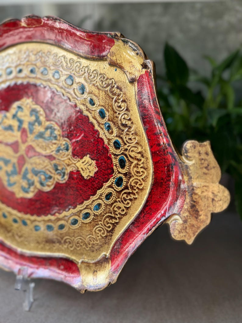 Vintage Red Florentine Wooden Tray – Hand-painted Engraved Italian ...