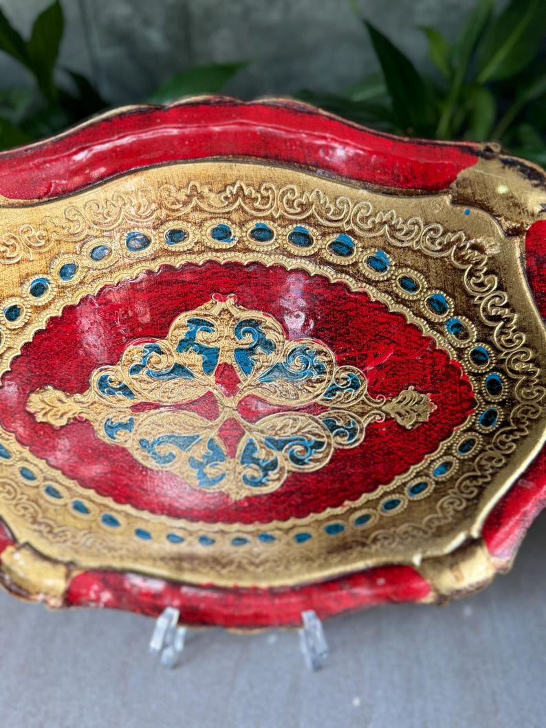 Vintage Red Florentine Wooden Tray – Hand-painted Engraved Italian ...