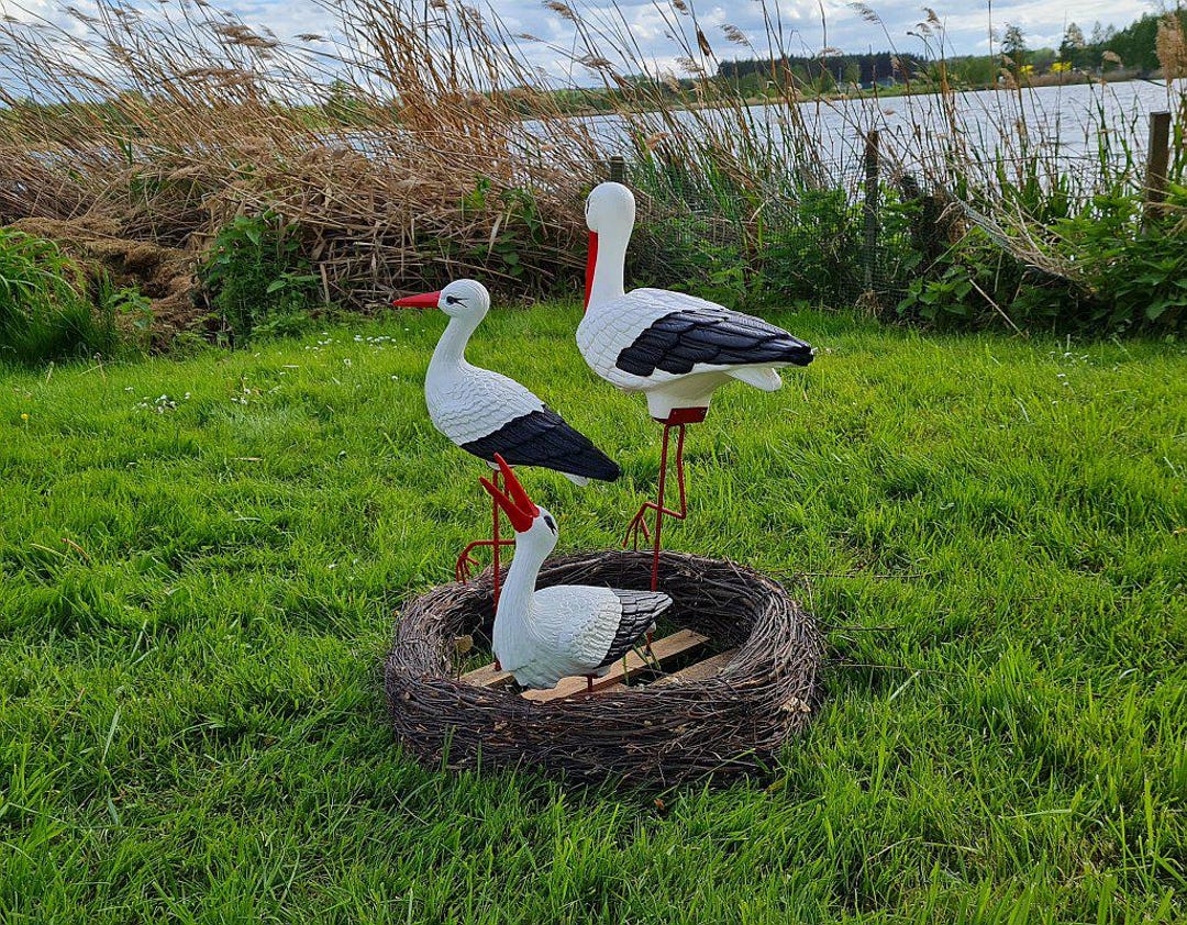 Stork Nest With 3 Storks Sculpture Statue Figure Realistic Garden Decor ...