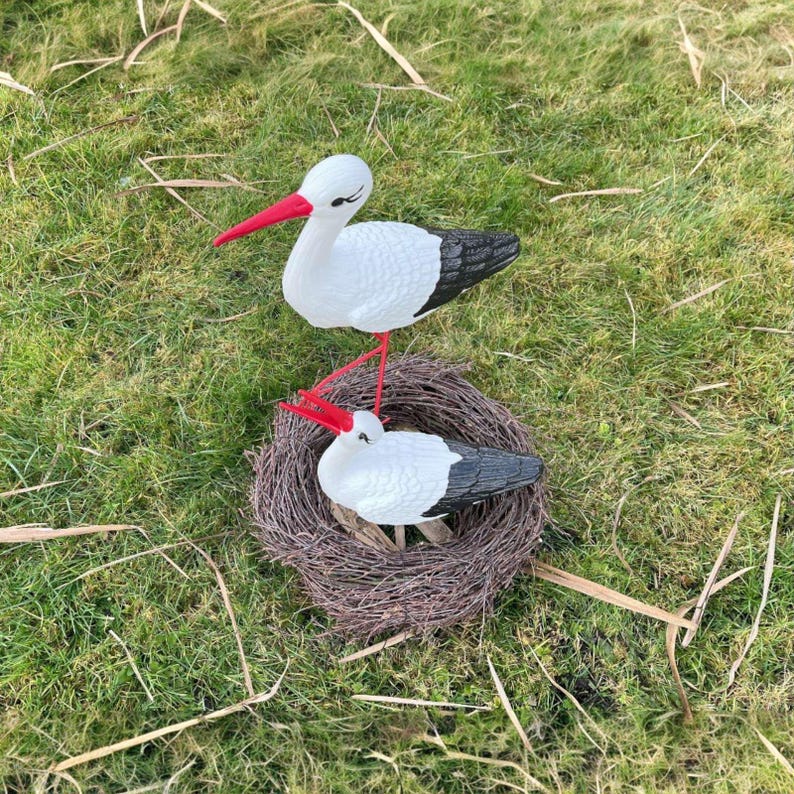 Stork Nest With 2 Small Storks Sculpture Statue Figure Realistic Garden ...