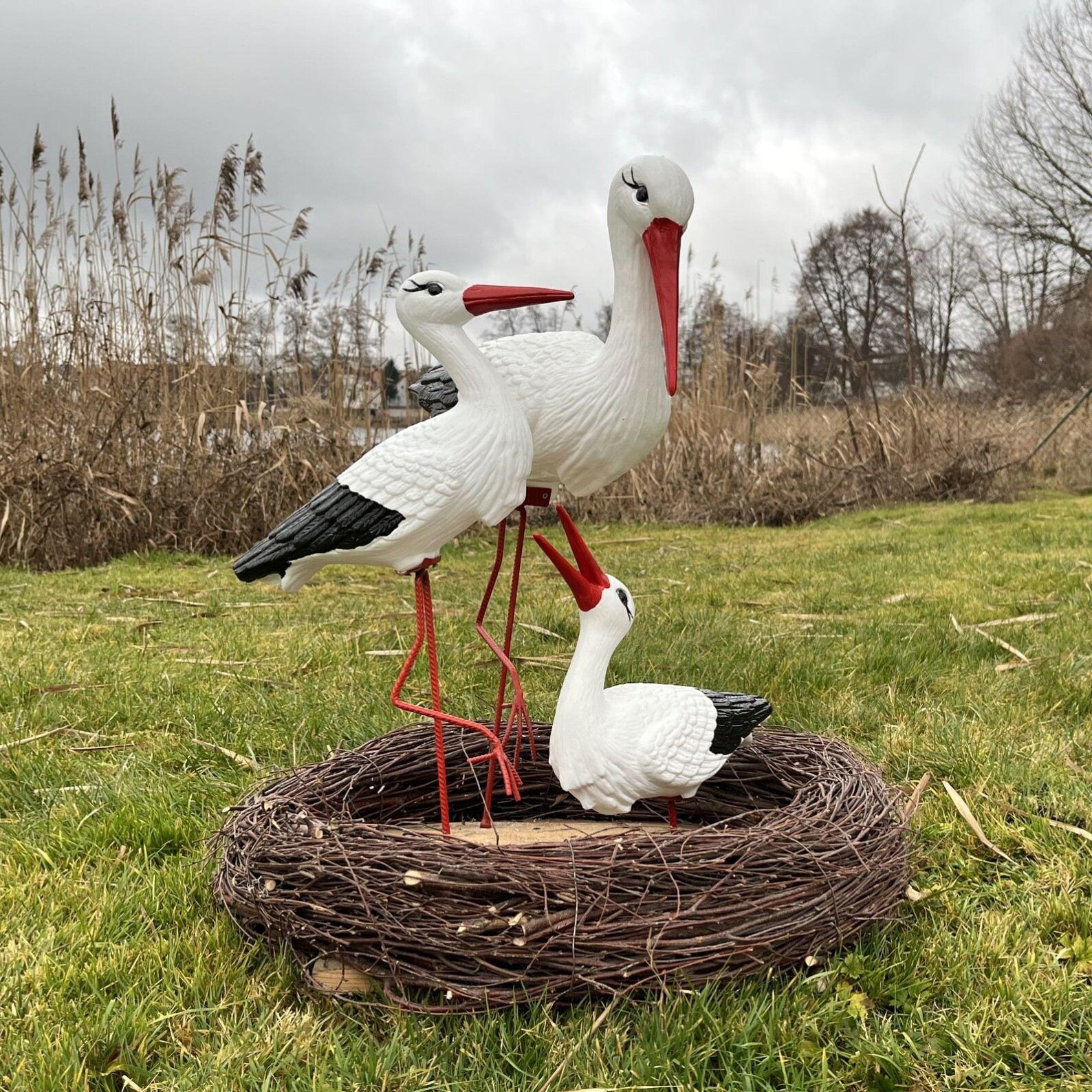 Stork Nest With 3 Storks Sculpture Statue Figure Realistic Garden Decor ...