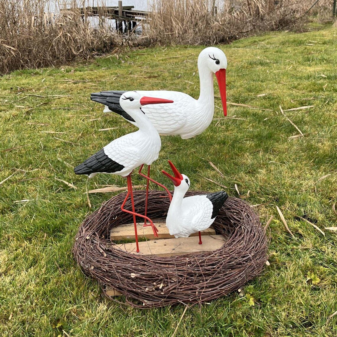 Stork Nest With 3 Storks Sculpture Statue Figure Realistic Garden Decor ...