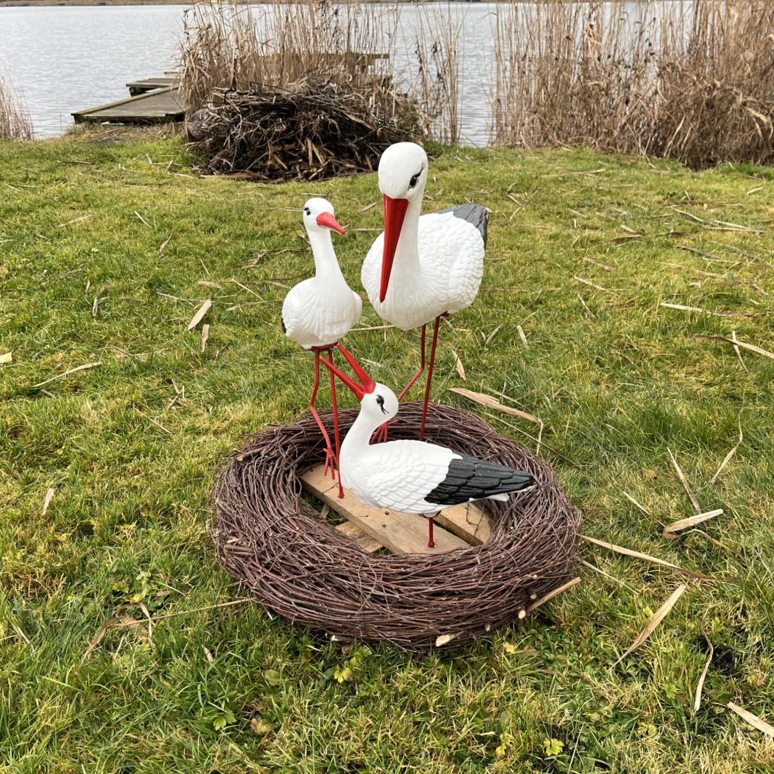 Stork Nest With 3 Storks Sculpture Statue Figure Realistic Garden Decor ...
