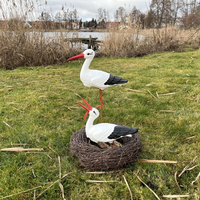 Stork Nest With 2 Small Storks Sculpture Statue Figure Realistic Garden ...