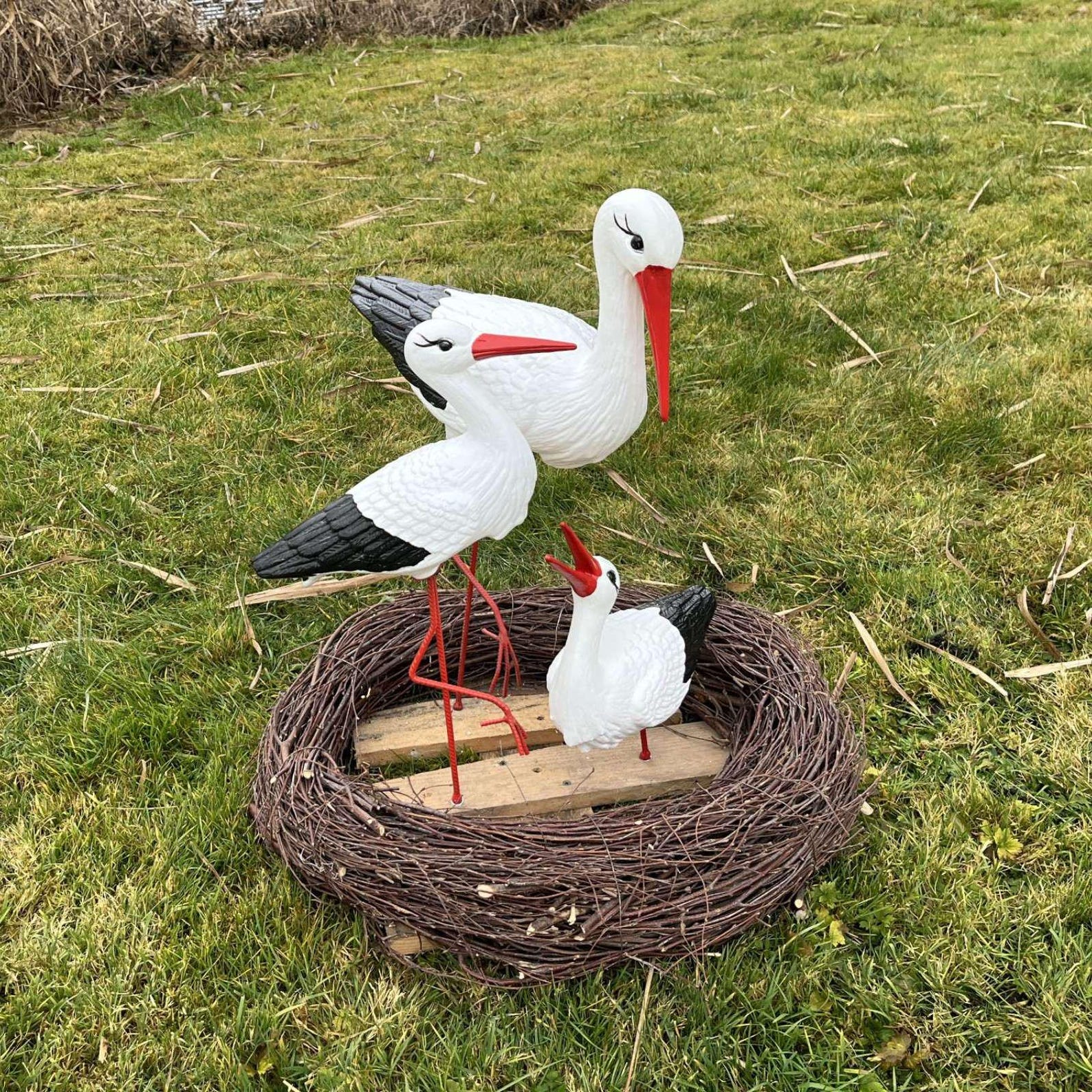 Stork Nest With 3 Storks Sculpture Statue Figure Realistic Garden Decor ...