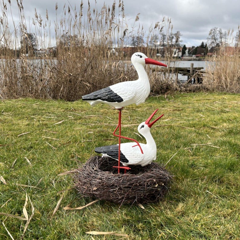 Stork Nest With 2 Small Storks Sculpture Statue Figure Realistic Garden ...