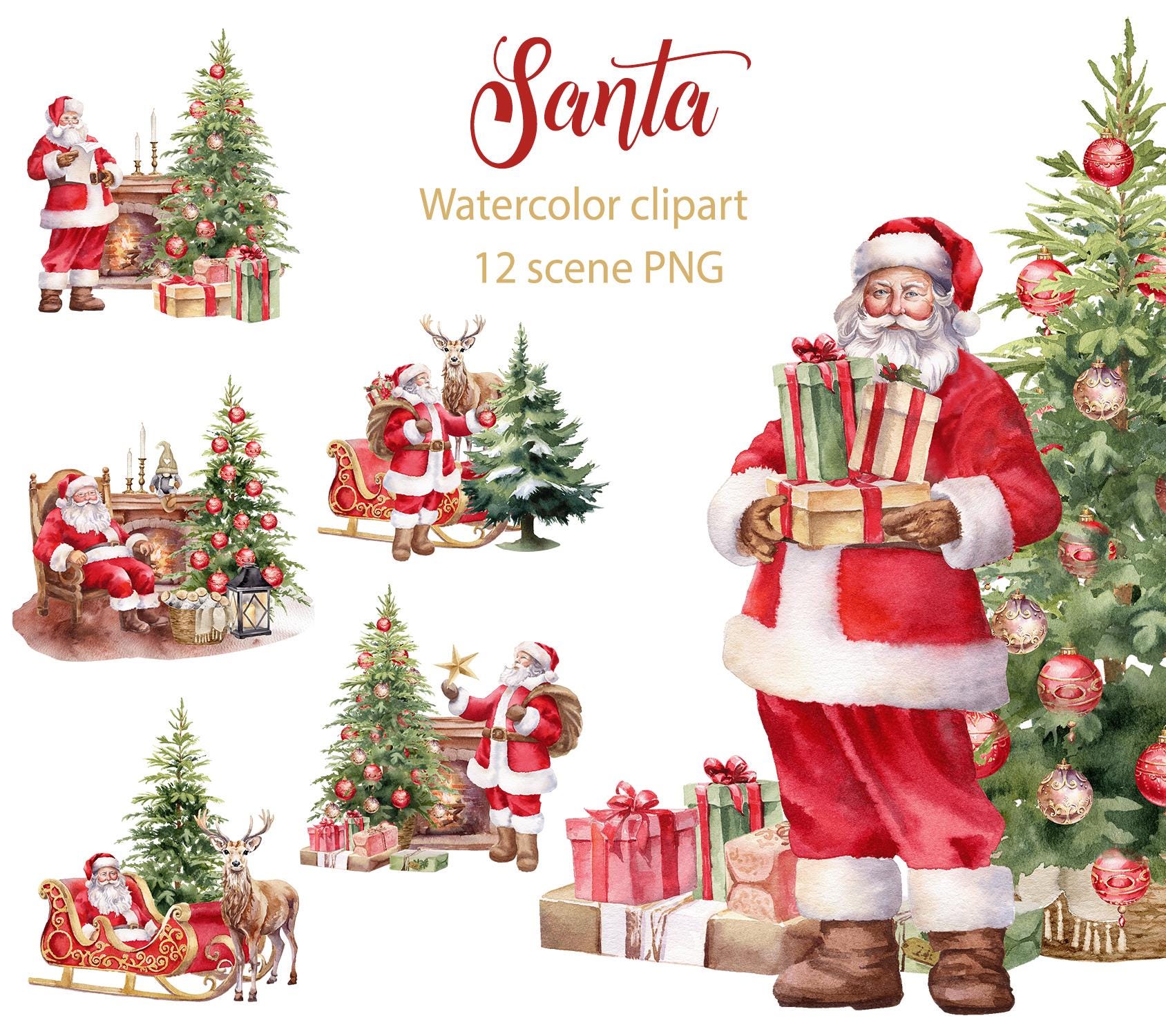 Santa Clouse Clipart. Watercolor XMAS Vintage Santa PNG. Christmas ...