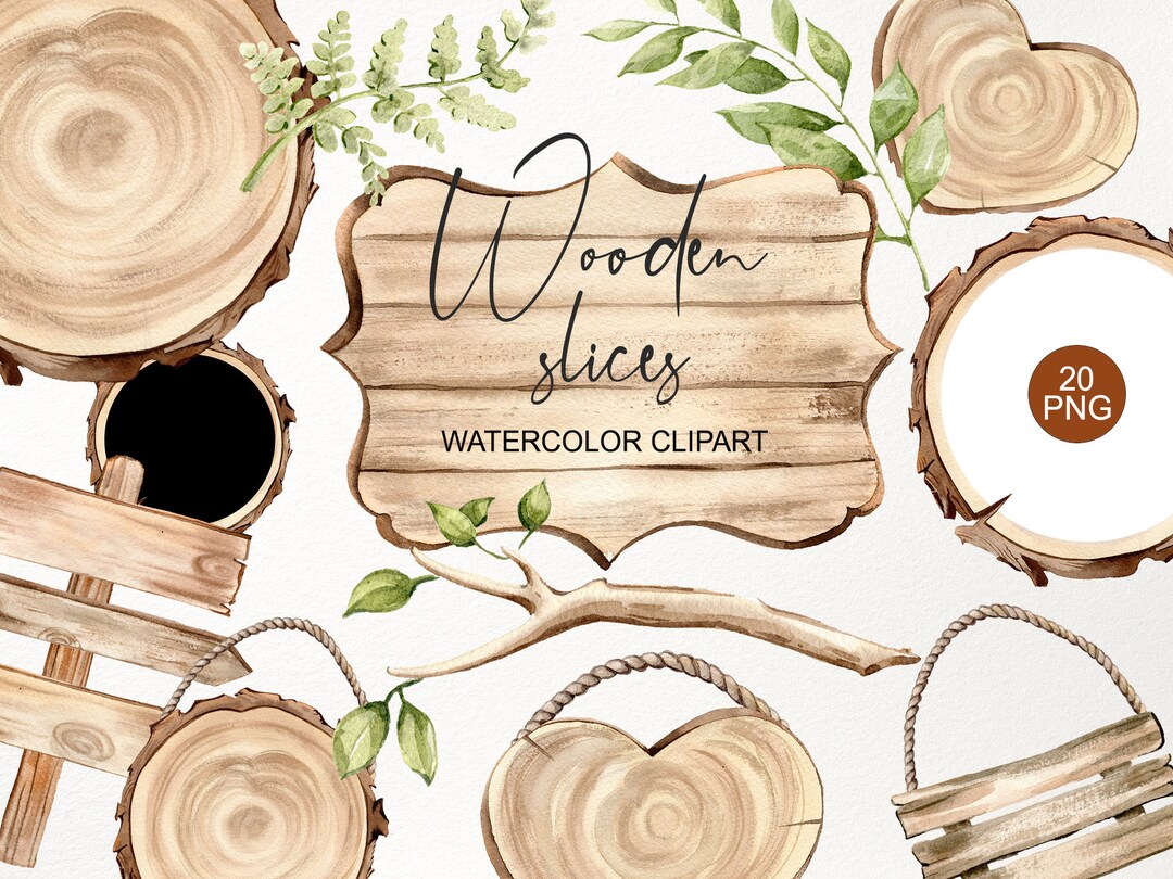 Wood Sine Clipart. Watercolor Wooden Slices PNG. Rustic Design ...