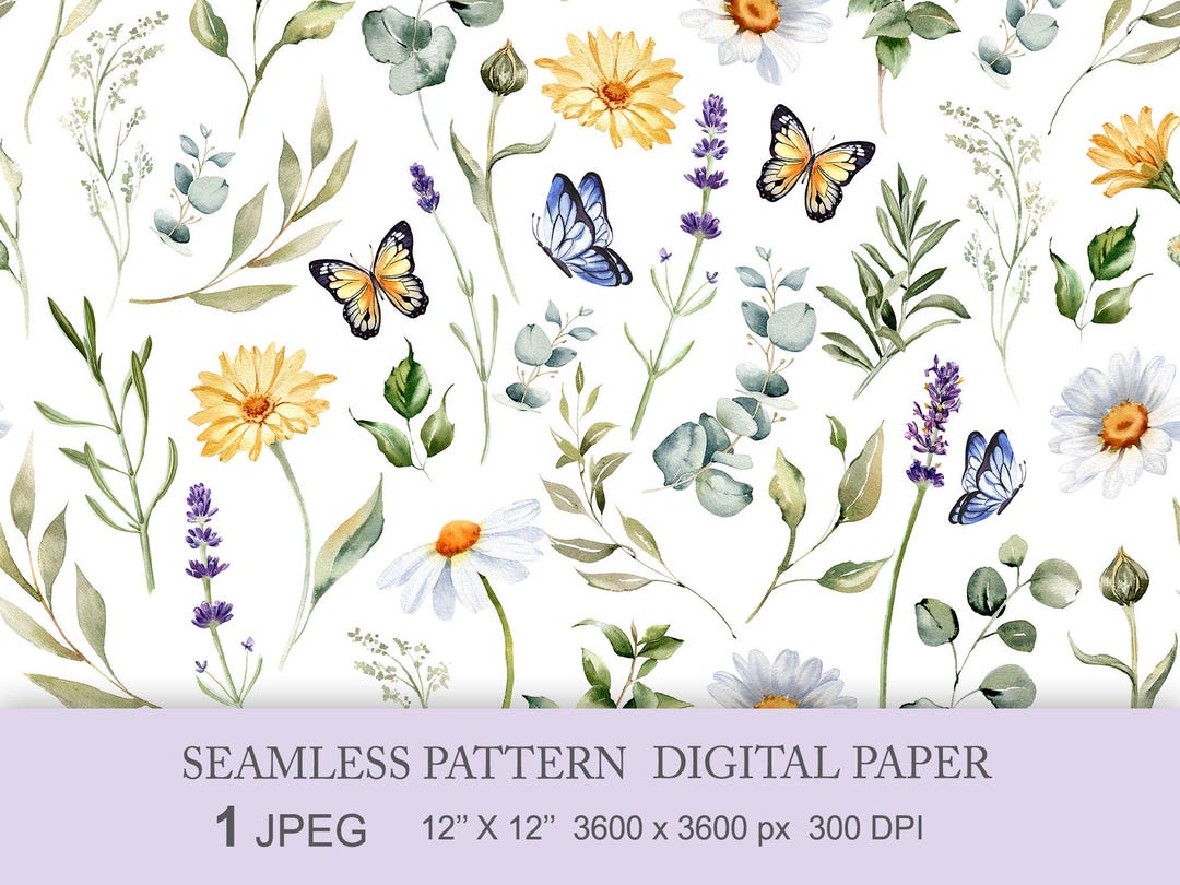 Watercolor Wildflower Digital Paper Pack. Daisy Flowers, Lavender ...