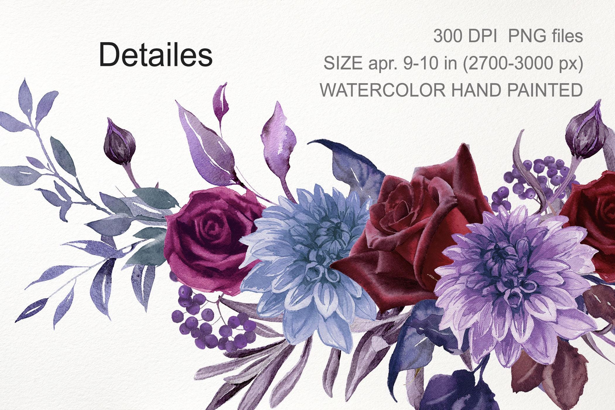Halloween Floral Clipart, Watercolor Gothic Flowers PNG, Dark Red Rose ...