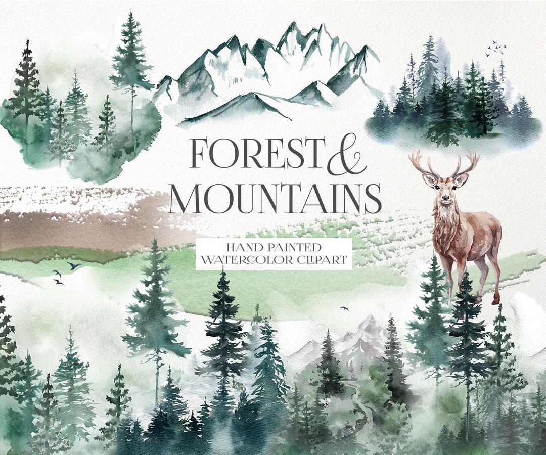 Watercolor Forest Clipart. Mountain PNG. Foggy Trees. Nature Landscape ...