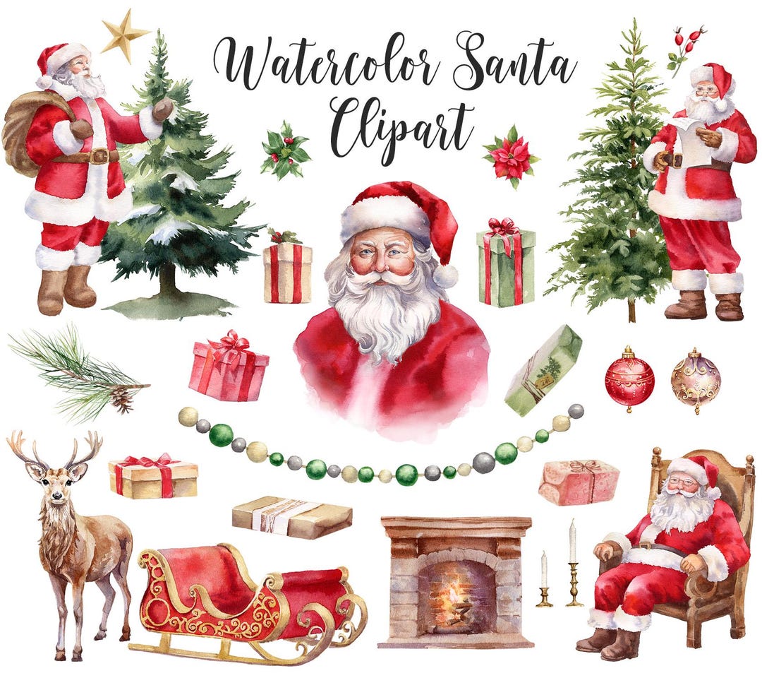 Santa Clouse Clipart. Watercolor Traditional Christmas. Santa Retro ...