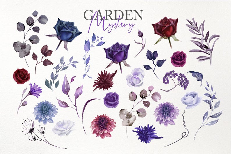 Halloween Floral Clipart, Watercolor Gothic Flowers PNG, Dark Red Rose ...