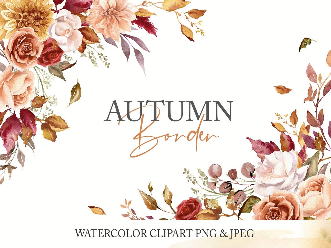Fall Floral Corner Border Clipart. Watercolor Terracotta Autumn Flowers ...