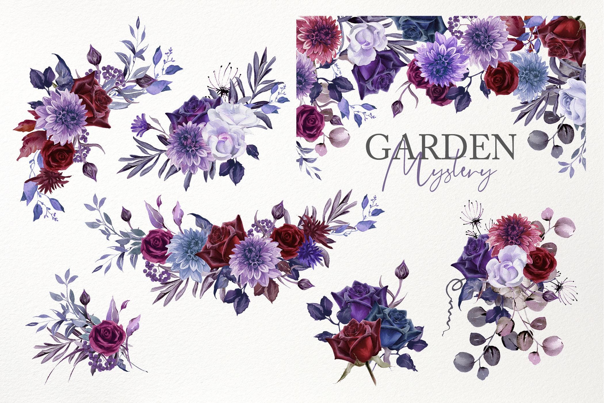 Halloween Floral Clipart, Watercolor Gothic Flowers PNG, Dark Red Rose ...