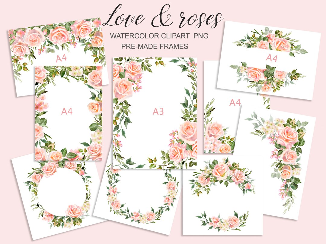 Watercolor Blush Rose Flower Border Clipart. Floral Background Frame ...