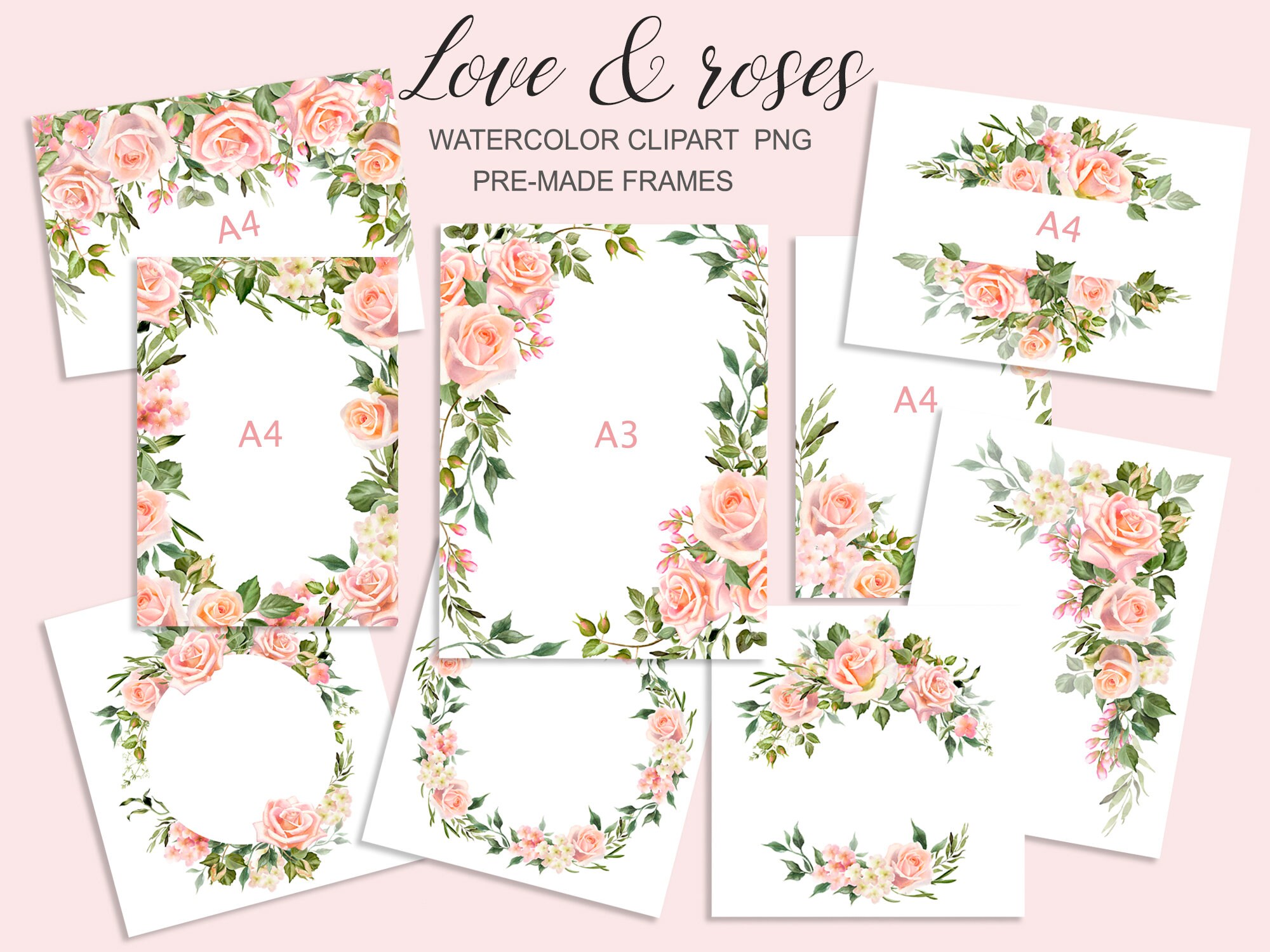 Watercolor Blush Rose Flower Border Clipart. Floral Background Frame ...