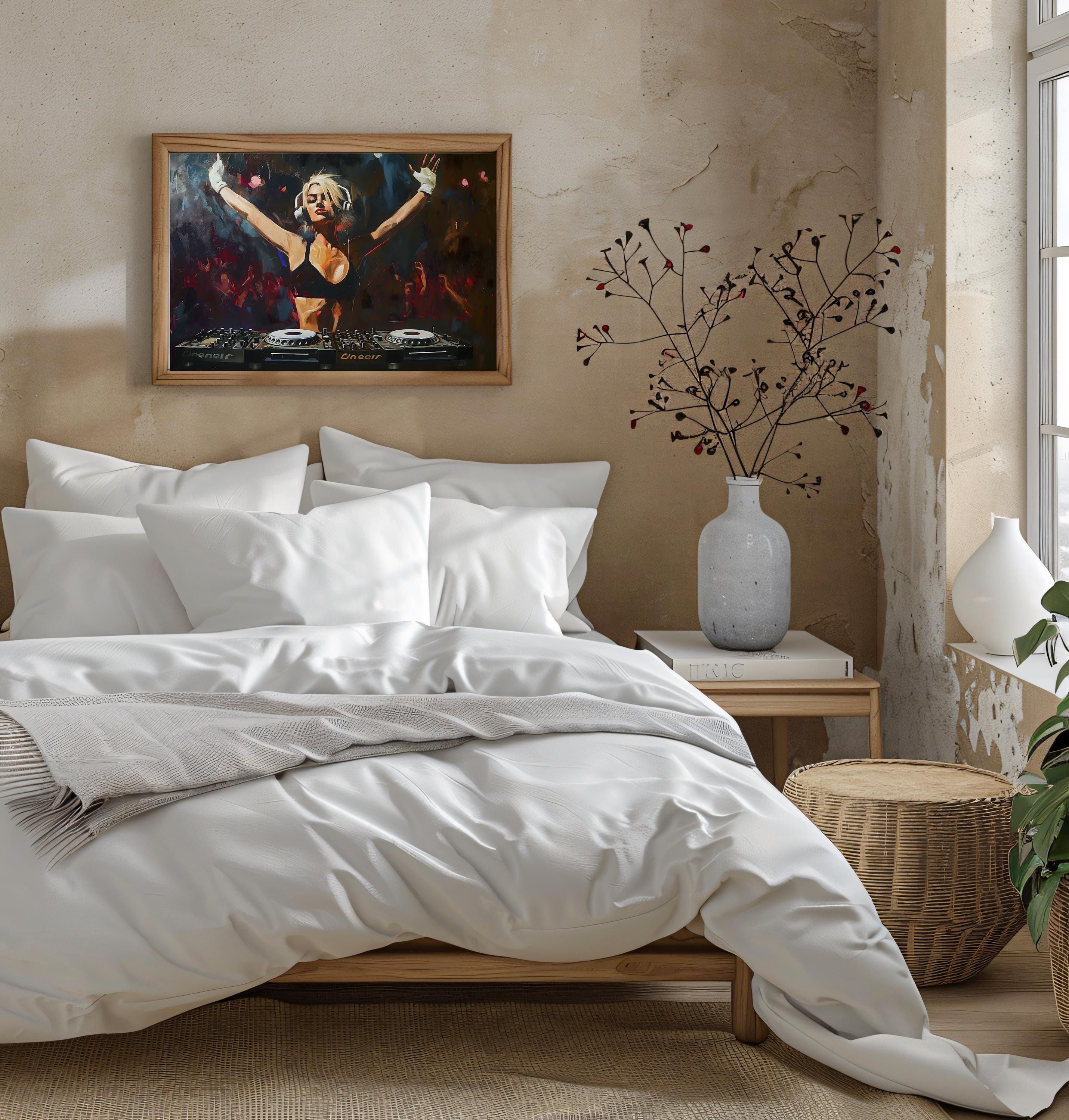 Short Hair Blonde Dj Girl Hands up Turntables Printed Wall Art | Wall ...