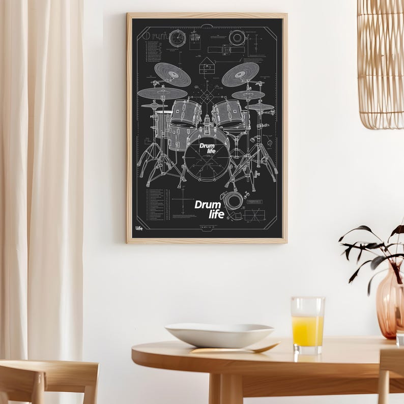 Drum Life High Tech Drum Kit Line Drawing Poster Print Black and White ...