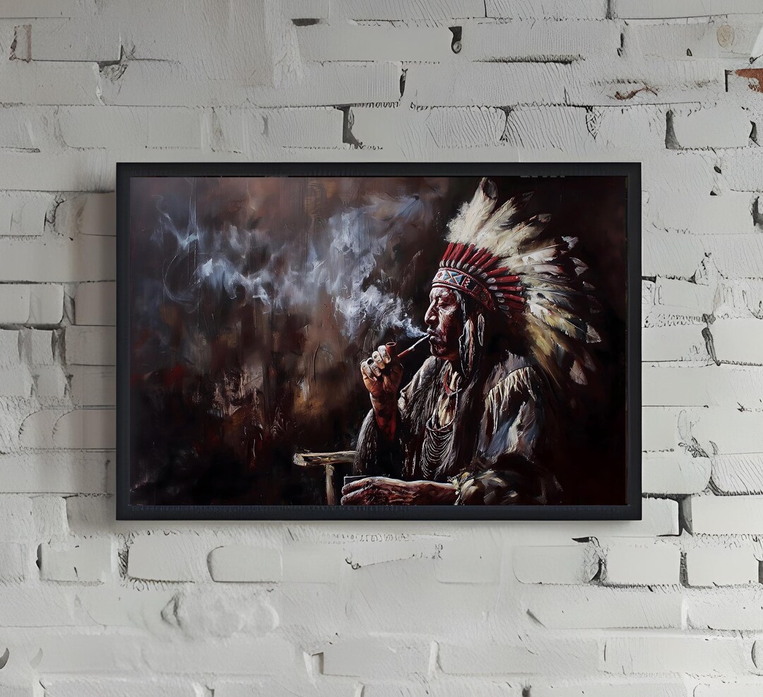 Native American Chief Smoking Pipe Wall Art Print | Native Cultural Art ...
