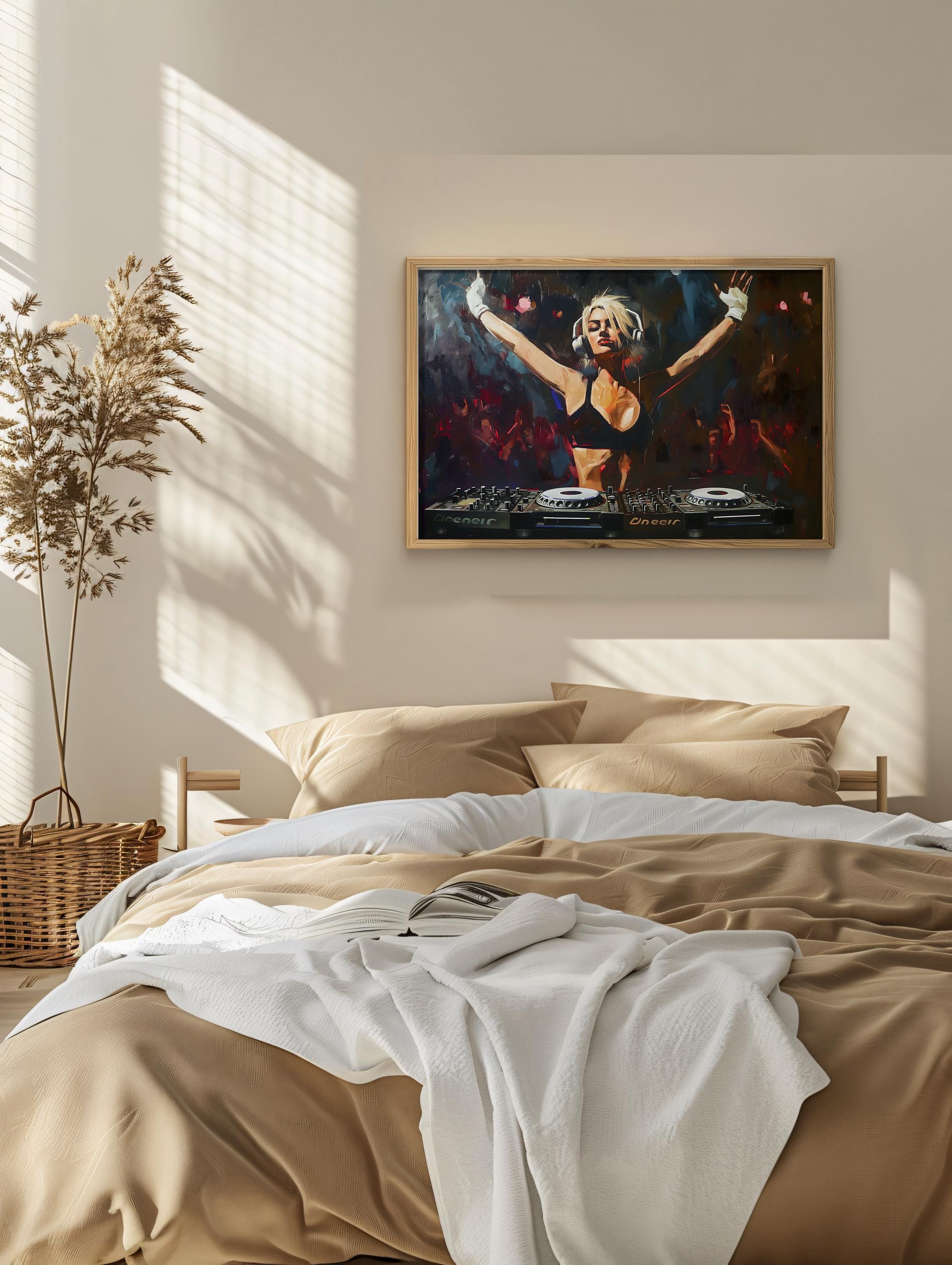 Short Hair Blonde Dj Girl Hands up Turntables Printed Wall Art | Wall ...