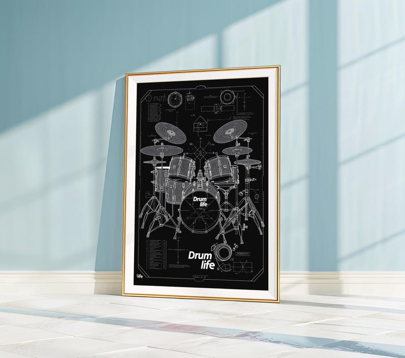 Drum Life High Tech Drum Kit Line Drawing Poster Print | Black and ...