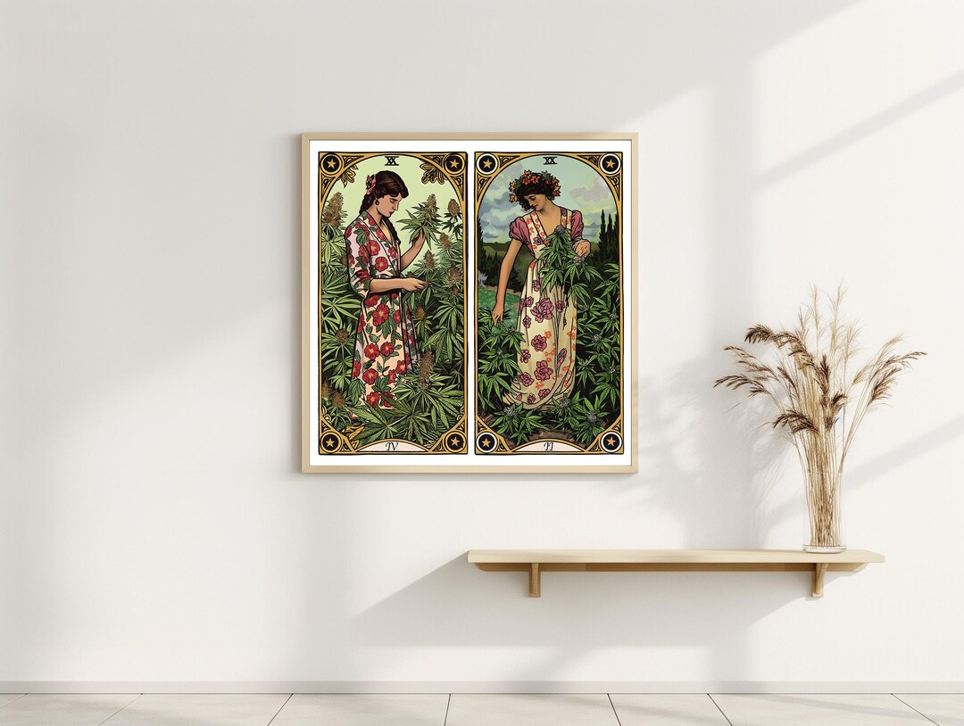 Weed Tarot Lady in Floral Dress Picking Cannabis Photo Art Paper Print ...