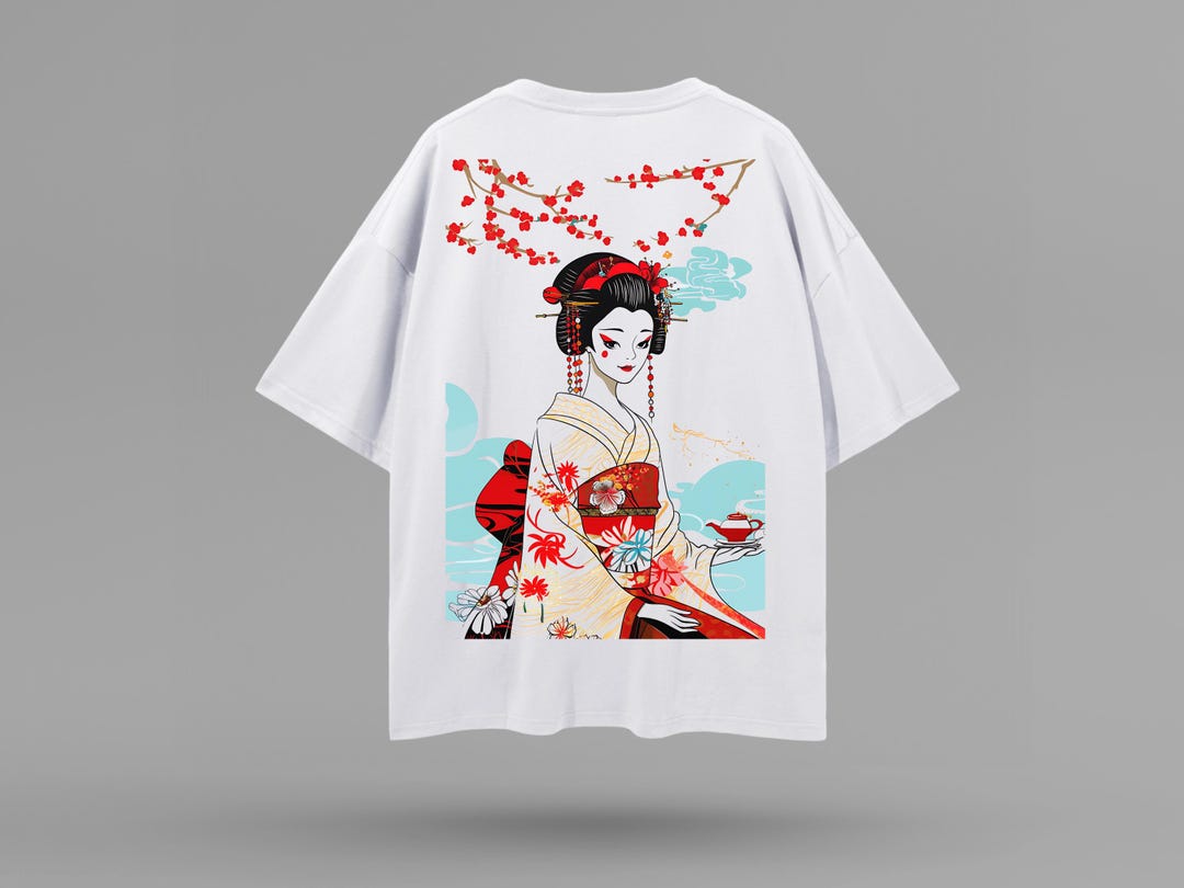 Japanese Geisha Colorful Oversize Deep Drop Shoulder Tee, Sakura ...