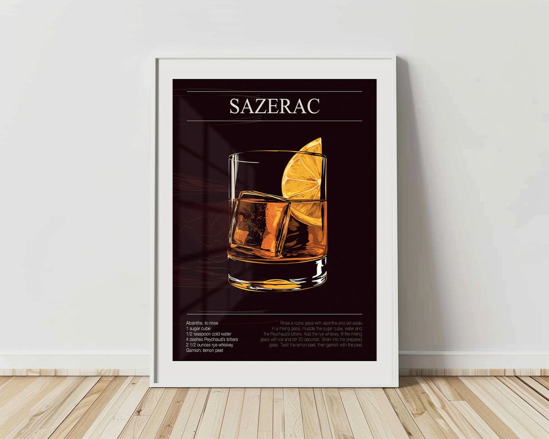 Sazerac Cocktail Wall Art | Sazerac Recipe Poster | Bar Wall Art | Man ...